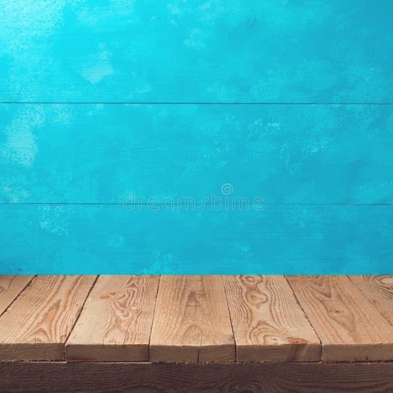 Empty Wooden Deck Table Over Rustic Blue Background Summer Nautical ...