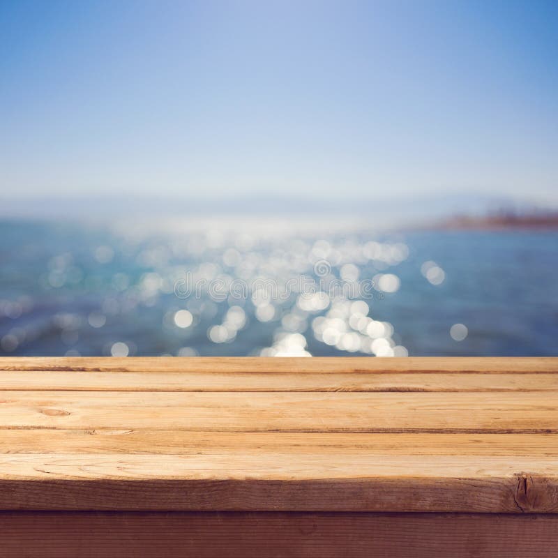 Empty Wooden Deck Table Over Sea Bokeh Background Summer Holiday ...