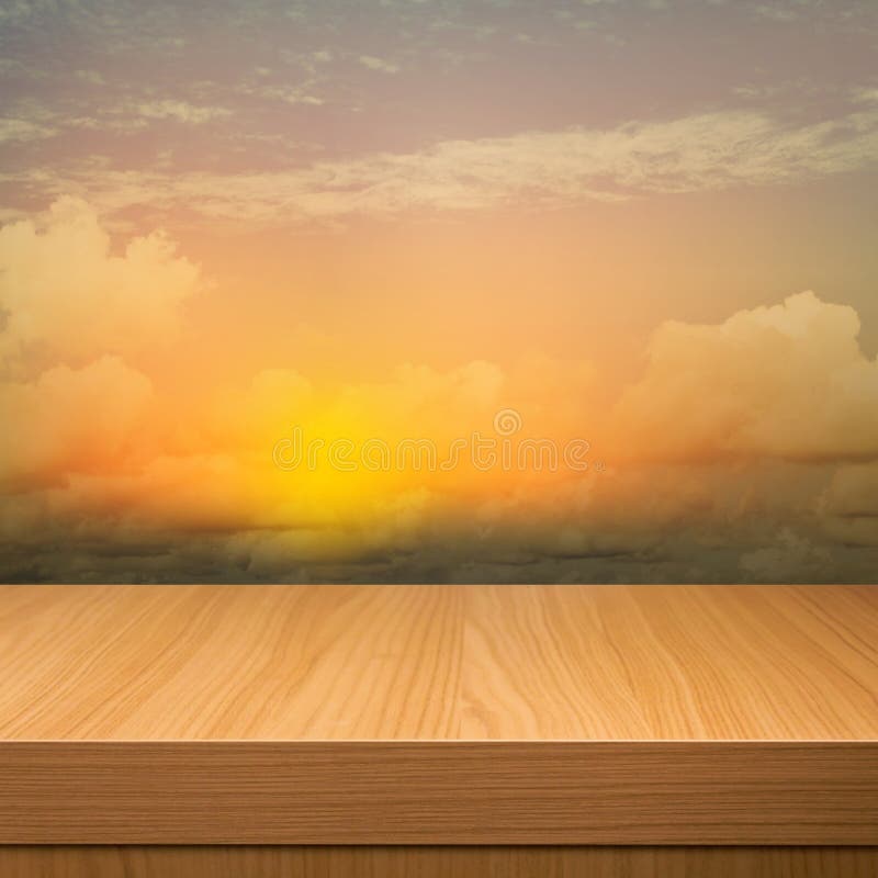 Empty Wooden Deck Table Over Sunset Cloudy Sky Background Stock ...