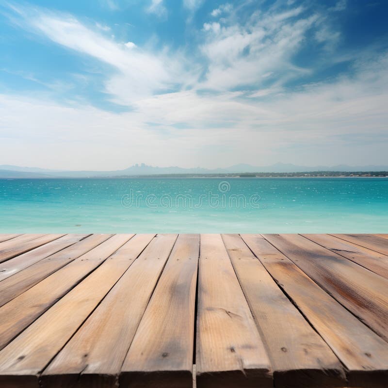 Empty Wooden Deck Table Over Turquoise Sea and Blue Sky Background ...