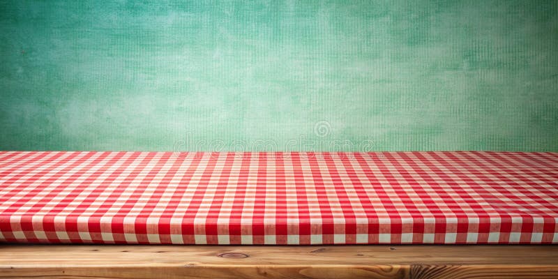 Empty Wooden Deck Table and Red Checked Tablecloth Over Mint Wallpaper ...