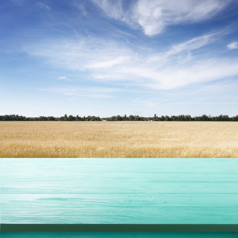 Empty Wooden Deck Table with Summer Landscape Background. Ready for ...