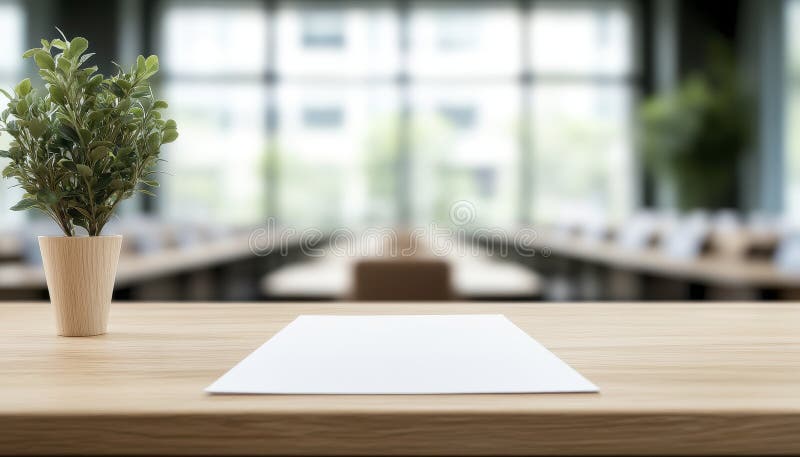 Empty Wooden Desk with Blank Paper and Plant in Modern Office Stock ...