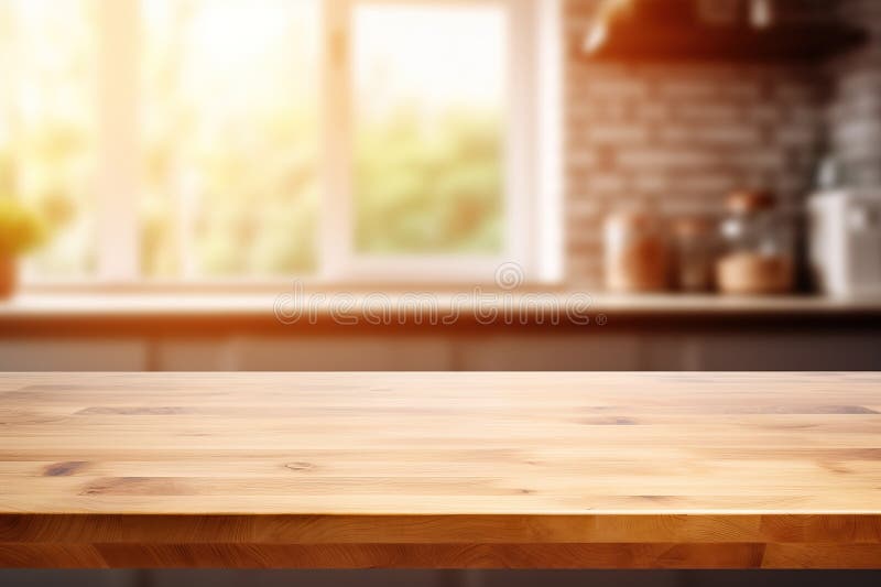 Empty Wooden Desk on Blurred Kitchen Window. Stage for Product Stock ...