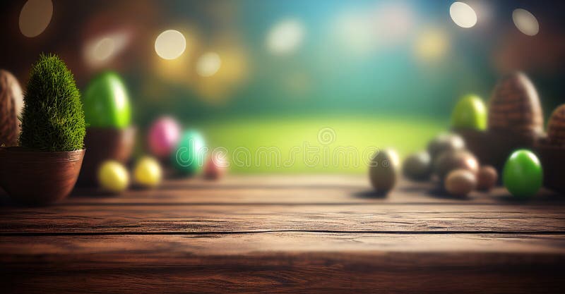 Empty Wooden Desk with Blurry Easter Background. Frame Product Display ...