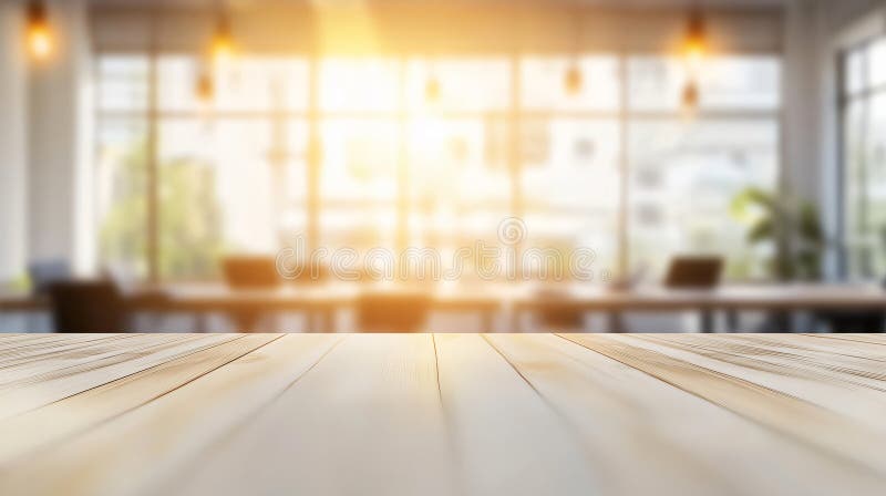 Empty Wooden Desk Showing Modern Open Plan Office Background Stock ...
