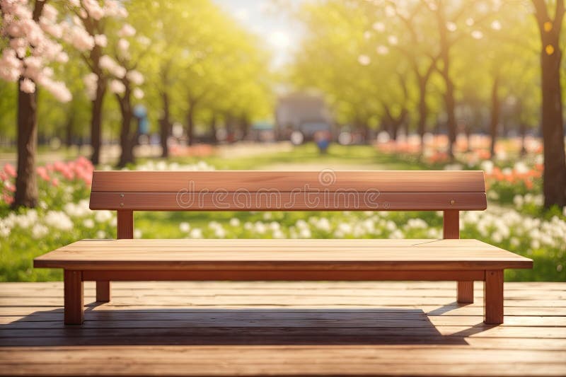 Empty Wooden Desk in the Spring Park. Ai Generative Stock Illustration ...