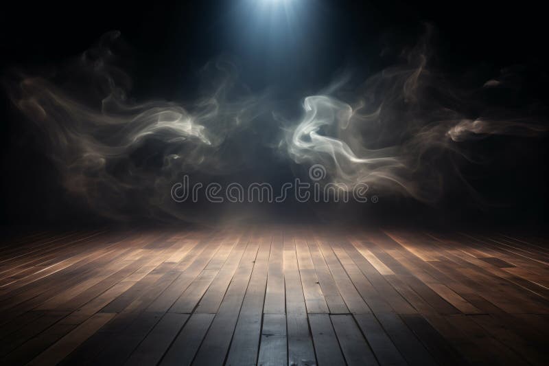 Empty Wooden Floor with Smoke Floating Up on Dark Background Stock ...
