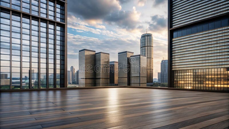 Empty Wooden Floor with a View of a Modern Cityscape Stock Illustration ...