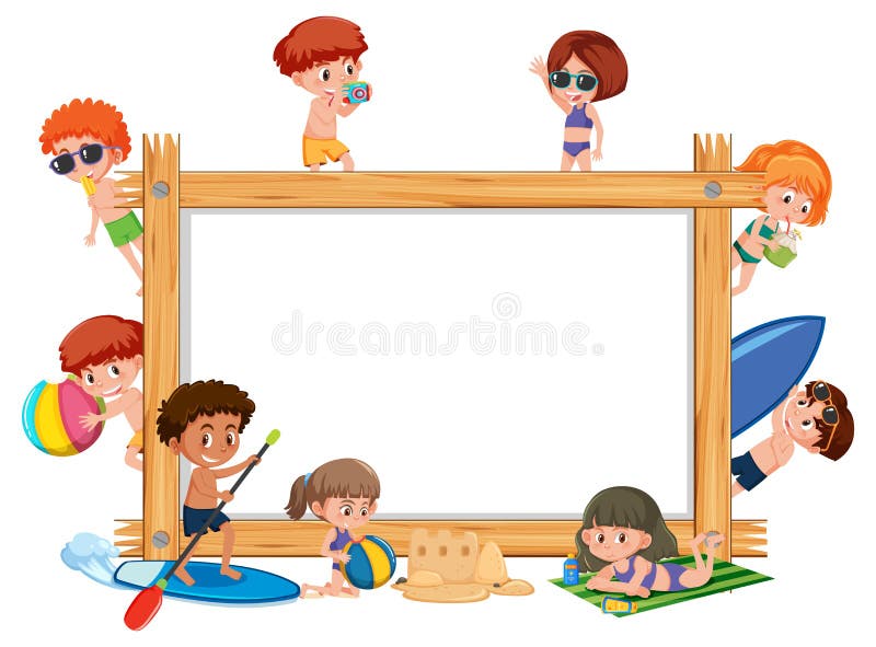 Empty Wooden Frame with Children in Summer Beach Theme Stock Vector ...