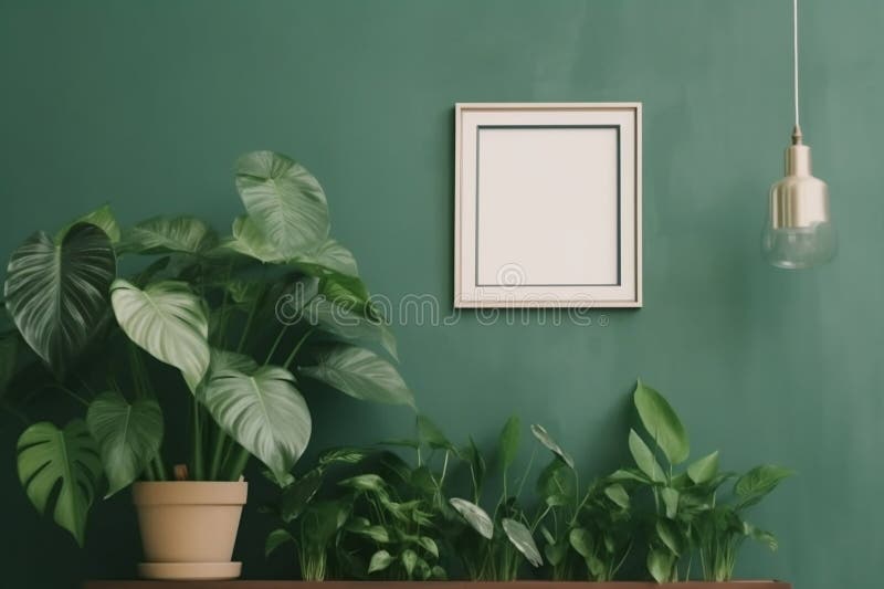 Empty Wooden Frame on Green Wall, Generative Ai Stock Illustration ...