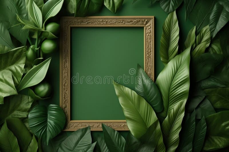 Empty Wooden Frame on Green Wall, Generative Ai Stock Illustration ...