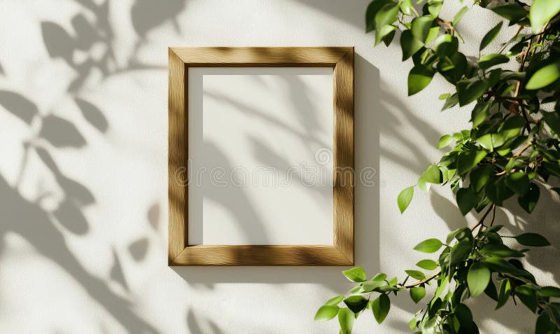 Empty Wooden Frame on Wall with Green Leaves Casting Shadows Stock ...