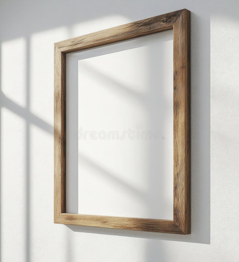 Empty Light Brown Wooden Frame on White Textured Wall with Sunlight ...