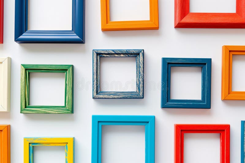 Empty Wooden Frames Painted in Different Colours on White Background ...
