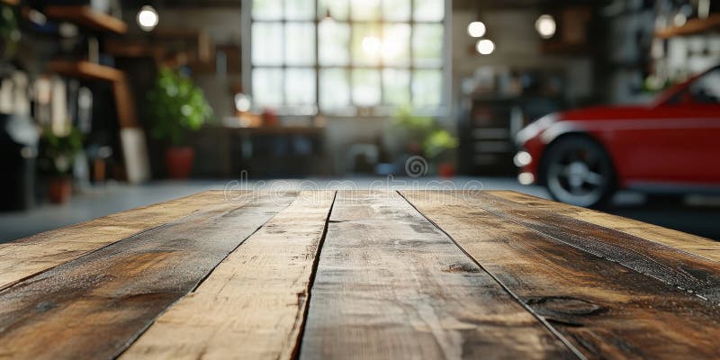 An Empty Wooden Garage Table with a Blurred Background of Tools and ...