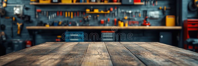 An Empty Wooden Garage Table with a Blurred Background of Tools and ...