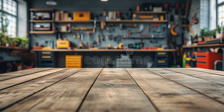 An Empty Wooden Garage Table with a Blurred Background of Tools and ...