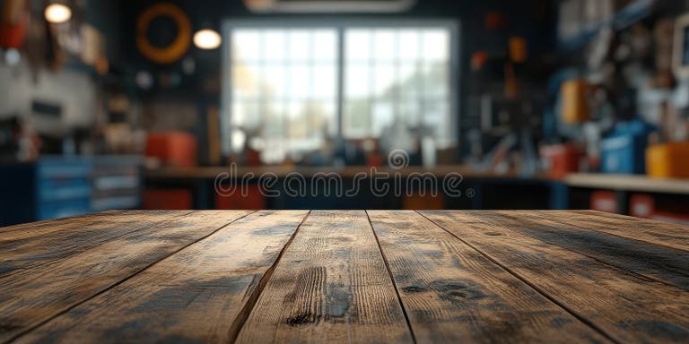 An Empty Wooden Garage Table with a Blurred Background of Tools and ...