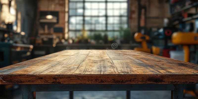 An Empty Wooden Garage Table with a Blurred Background of Tools and ...