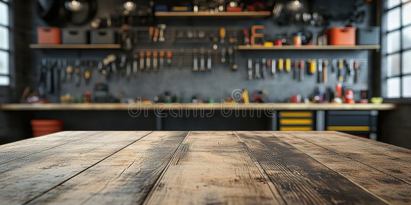 Wooden Garage Table Empty Background Blurred Tools Equipment Stock ...