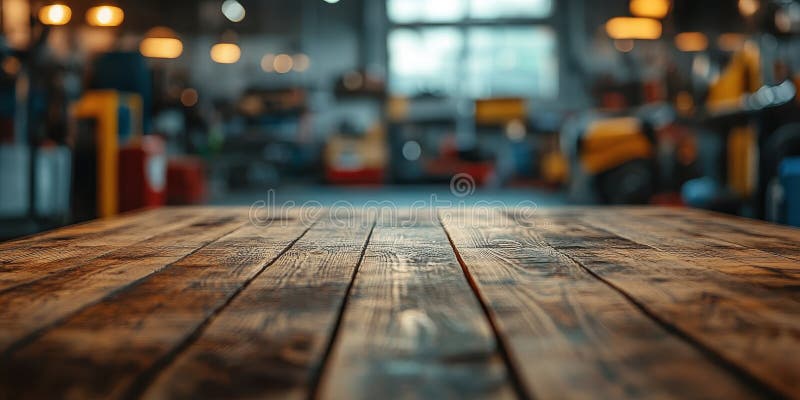 An Empty Wooden Garage Table with a Blurred Background of Tools and ...