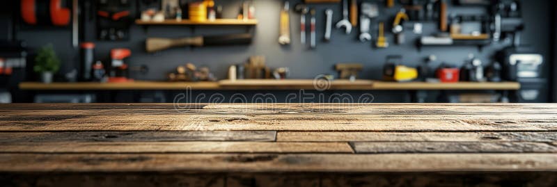 Wooden Garage Table Empty Background Blurred Tools Equipment Stock ...