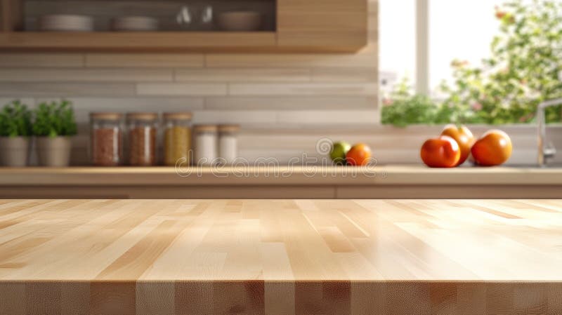 Empty Wooden Kitchen Countertop with Blurred Background, Kitchen Design ...