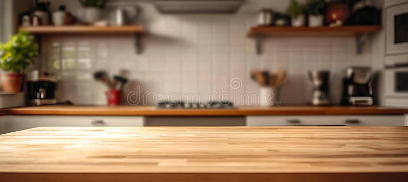 Empty Wooden Kitchen Countertop in Focus, Blurred Background of a ...