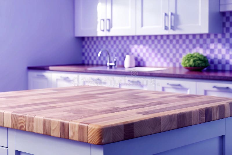 Empty Wooden Kitchen Island Countertop with Blurred Modern Kitchen ...