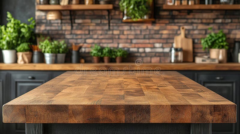 Empty Wooden Kitchen Island Countertop with Blurred Rustic Brick ...