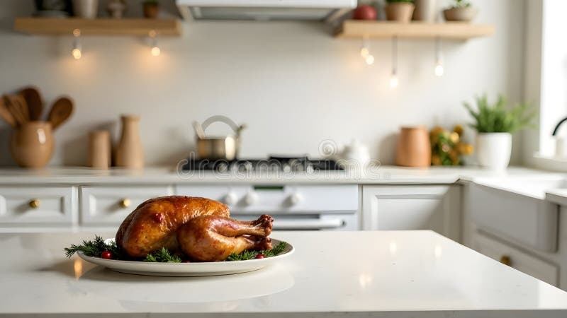 Empty Wooden Kitchen Table for Presentation, with a Roasted Christmas ...
