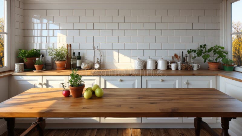 Empty Wooden Kitchen Table Surface Mockup, Greenery and Accessories ...