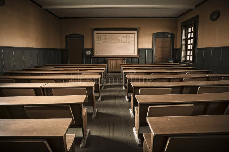 Empty Wooden Lecture Hall, with Blackboard and Chalk at the Front of ...