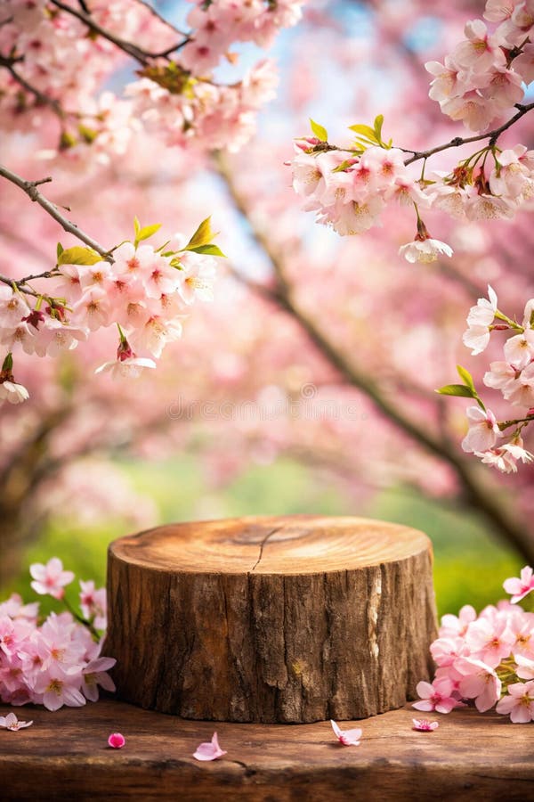 Empty Wooden Log on Wooden Table Over Cherry Blossom Flowers Background ...