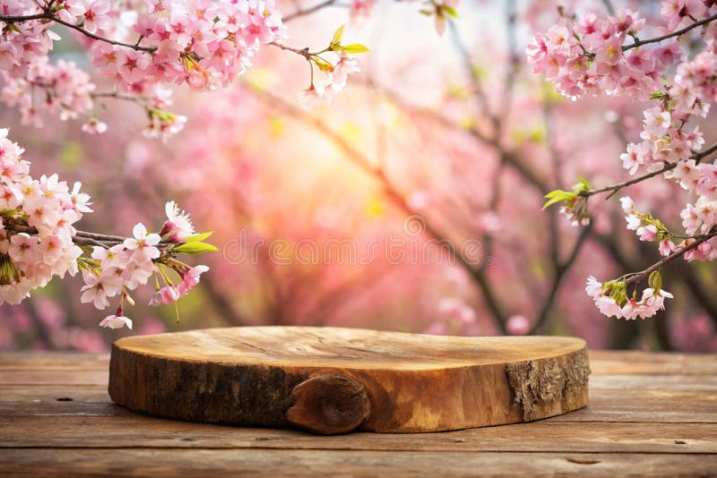 Empty Wooden Log on Wooden Table Over Cherry Blossom Flowers Background ...