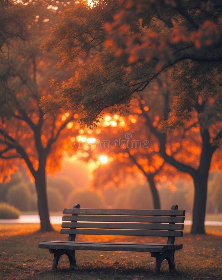 Empty Wooden Park Bench at Sunset Surrounded by Vibrant Trees and Warm ...