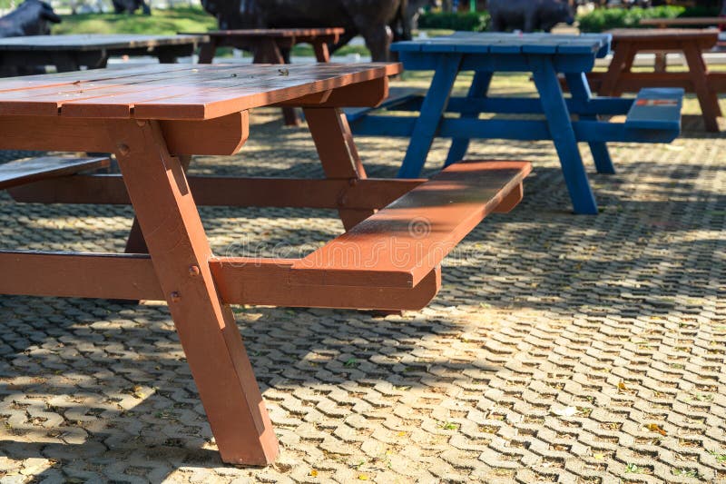 Empty Wooden Picnic Tables in Public Park Stock Photo - Image of garden ...
