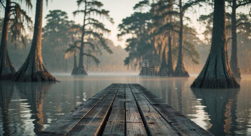 Empty Wooden Pier Overlooking a Serene Swamp with Cypress Trees in Soft ...