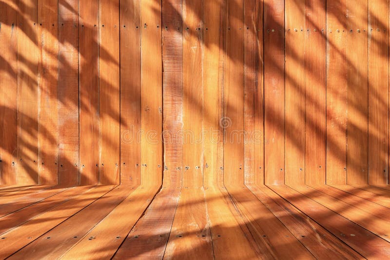 Empty Wood Planks Wall with Tree Leaves Shadow Perspective Floor Room ...