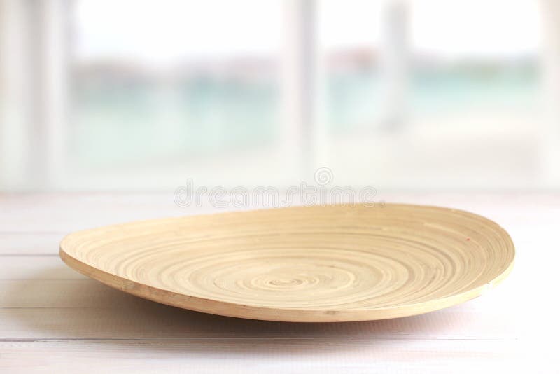 Wooden Plate on Table Empty Space Blue Background,kitchen Dish Stock ...