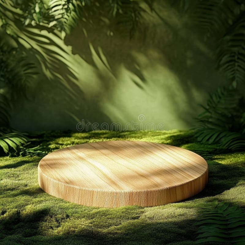 Empty Wooden Platform on Green Grass Background. 3D Render. Product ...