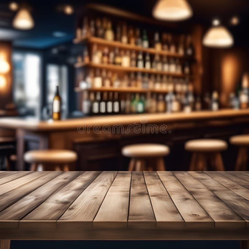Empty Wooden Pub Table and Blurred Pub Background Stock Illustration ...
