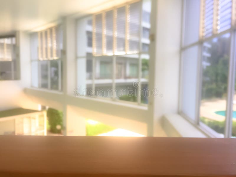 Empty Wooden Railing with Blurred Window and Light Background. Stock ...