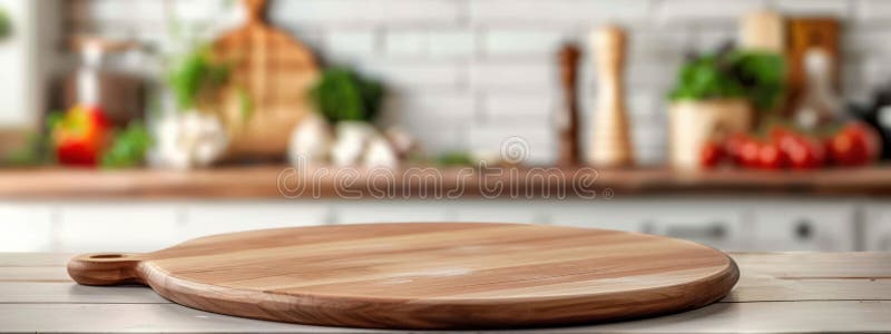 Empty Wooden Round Pizza Board on Blurred Kitchen Background ...