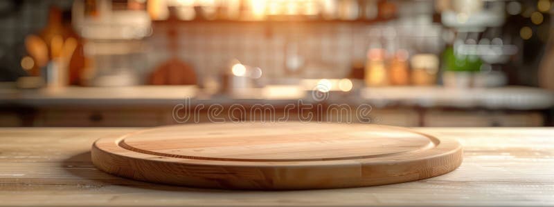 Empty Wooden Round Pizza Board on Blurred Kitchen Background ...