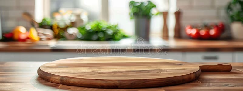 Empty Wooden Round Pizza Board on Blurred Kitchen Background ...
