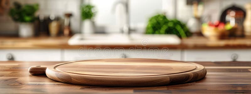 Empty Wooden Round Pizza Board on Blurred Kitchen Background ...