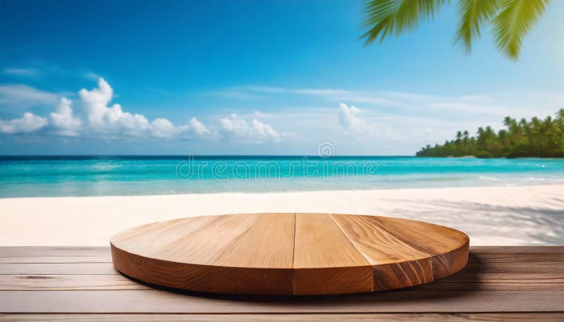 Empty Wooden Round Platform with Tropical Beach Background. for Product ...