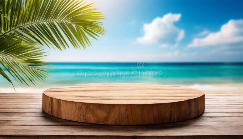 Empty Wooden Round Platform with Tropical Beach Background. for Product ...